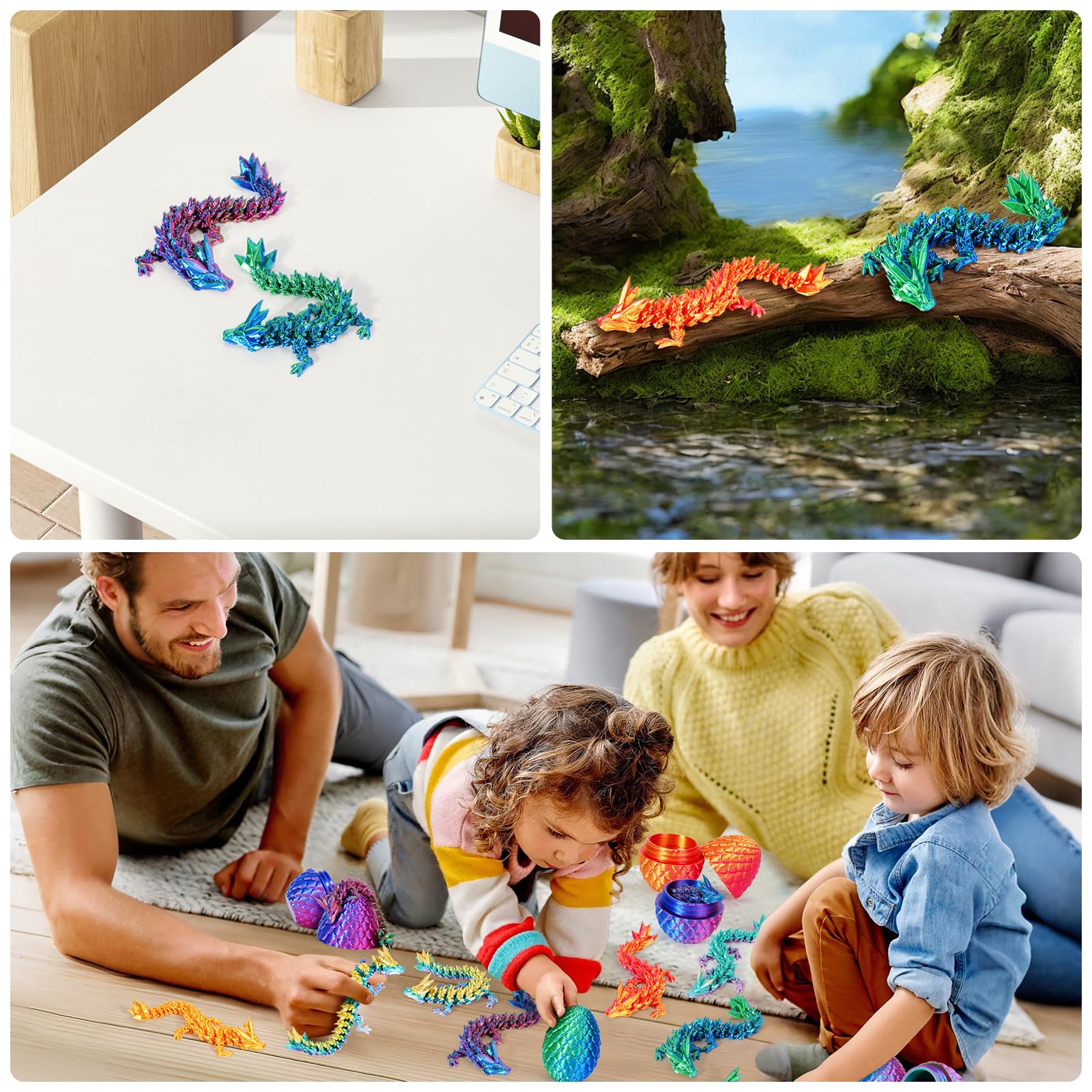 4PCS 3D Printed Easter Dragon Egg - Perfect Basket Essentials Stuffers, Prefilled Easter Eggs Filled with Toys, Articulated Crystal Dragon Fidget Toy Surprise 3D Printed Animals for Kid (4-Piece-C)