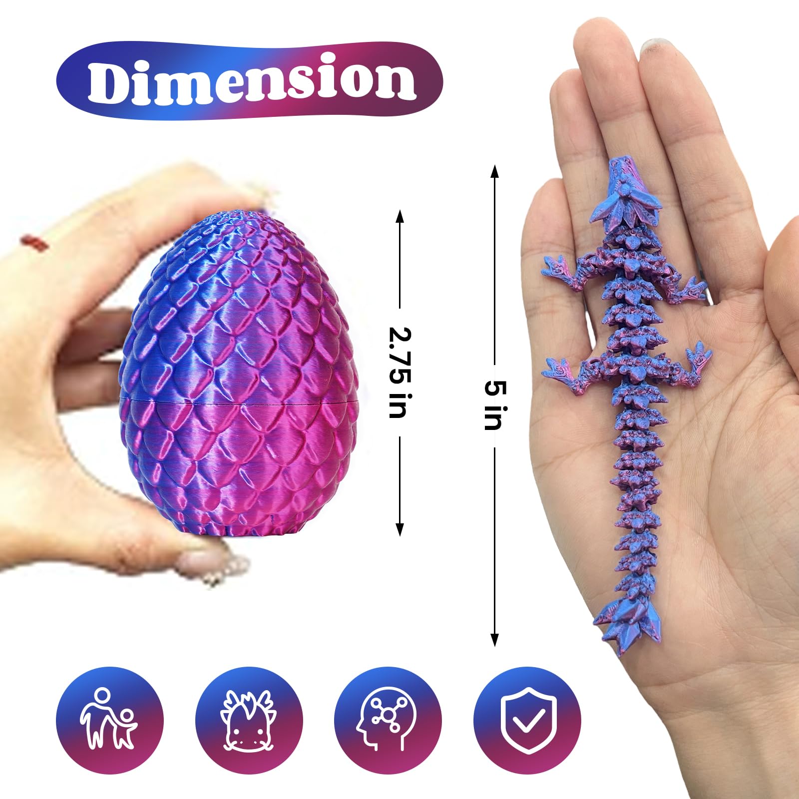 4PCS 3D Printed Easter Dragon Egg - Perfect Basket Essentials Stuffers, Prefilled Easter Eggs Filled with Toys, Articulated Crystal Dragon Fidget Toy Surprise 3D Printed Animals for Kid (4-Piece-C)
