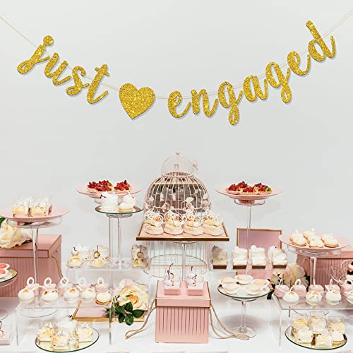 RoadSea Just Engaged Banner - Bachelorette Party Garland Supplies - Engagement - Hen Night Party Decorations - Gold Glitter