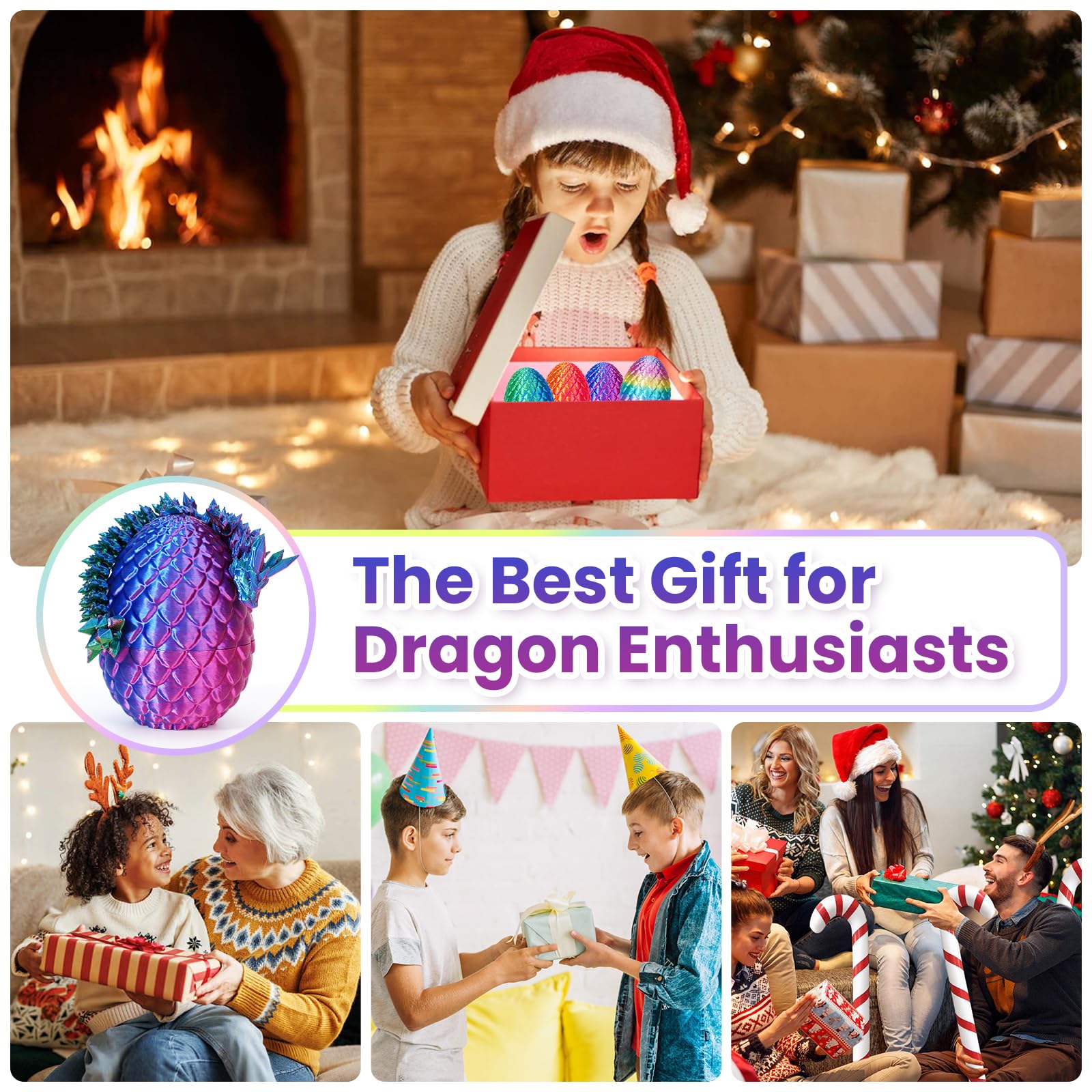 4PCS 3D Printed Easter Dragon Egg - Perfect Basket Essentials Stuffers, Prefilled Easter Eggs Filled with Toys, Articulated Crystal Dragon Fidget Toy Surprise 3D Printed Animals for Kid (4-Piece-C)