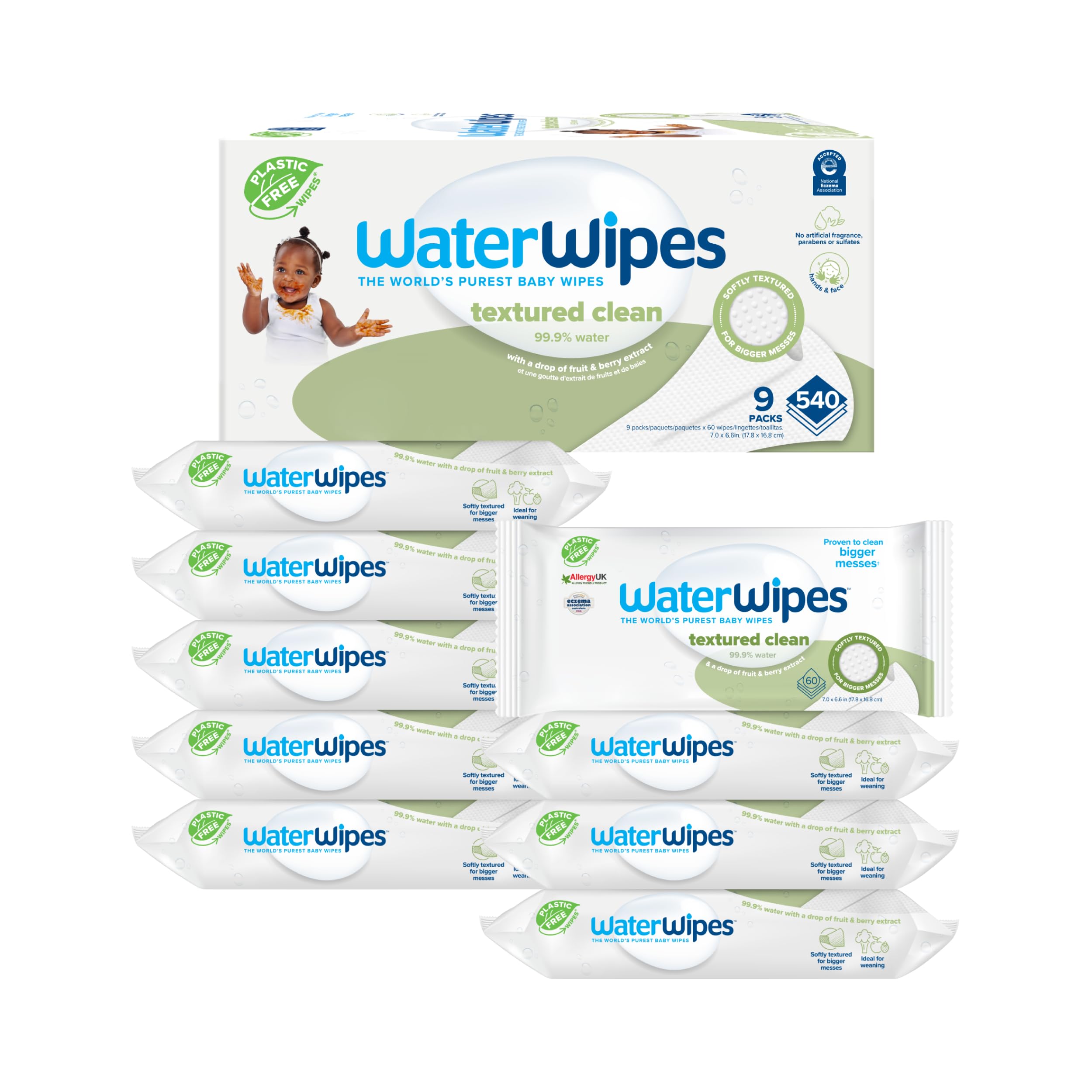 WaterWipes Plastic-Free Textured Clean, Toddler & Baby Wipes, 99.9% Water Based Wipes, Unscented & Hypoallergenic for Sensitive Skin, 540 Count (9 packs), Packaging May Vary