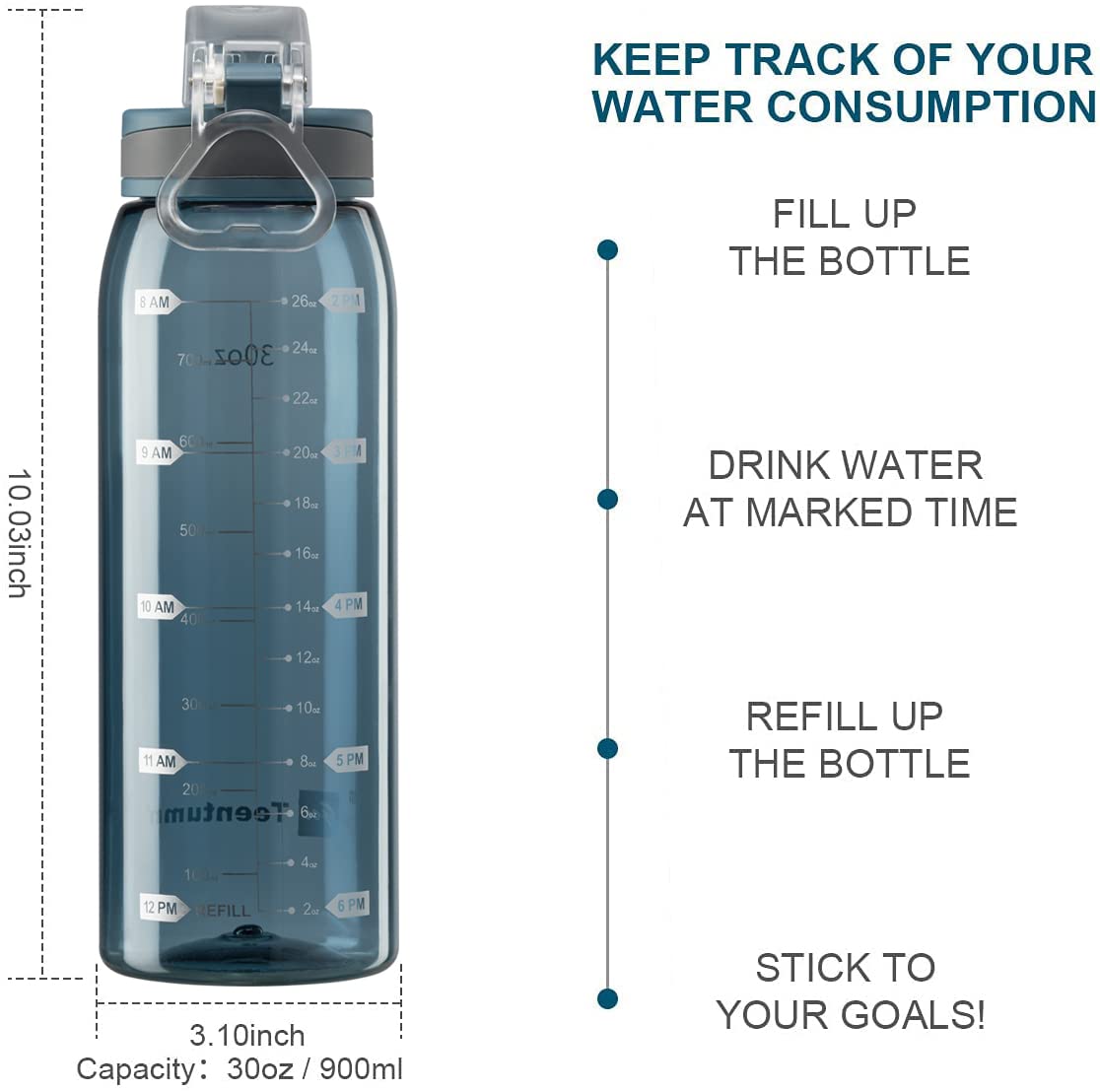 Teentumn Time Marker Water Bottle Gym, 30oz Large Durable Transparent Bottle for Workout Sport Travel Water Tracker Blue (Pack of 1)