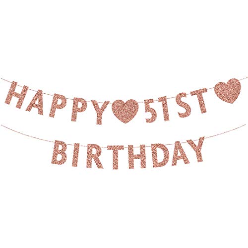 Rose Gold 51st Birthday Banner, Glitter Happy 51 Years Old Woman or Man Party Decorations, Supplies