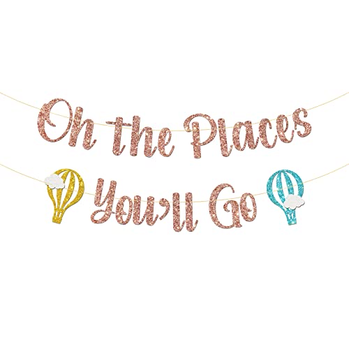 MonMon & Craft Oh The Places You'll Go Banner/Retirement Sign/Graduation Banner Decor/Travel Theme Party Decorations Rose Gold Glitter