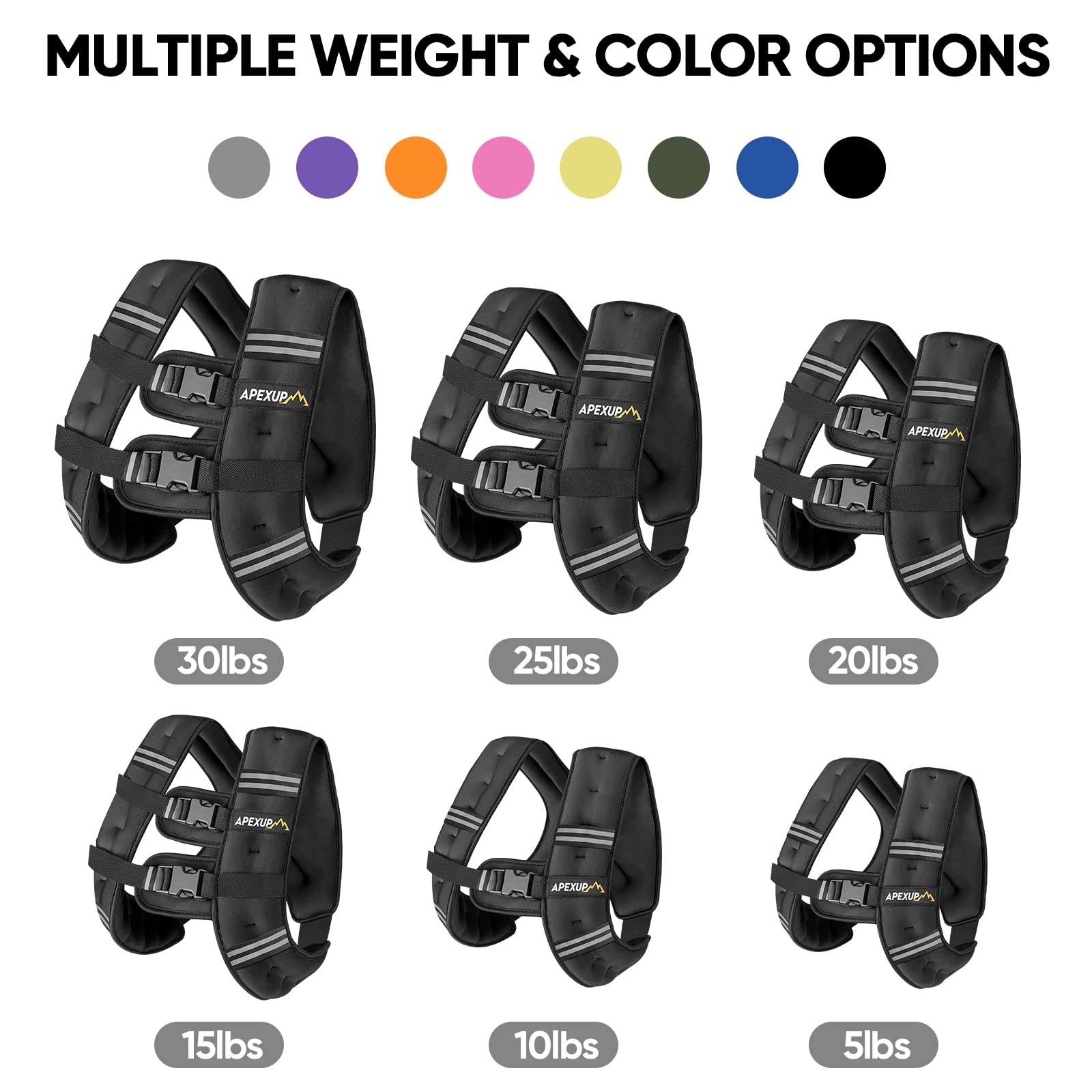 APEXUP Weighted Vest with 5lbs/10lbs/15lbs/20lbs/25lbs/30lbs Weights and Reflective Stripe, Weight Vest Men Women for Workout, Strength Training, Running (Black, 10lbs)