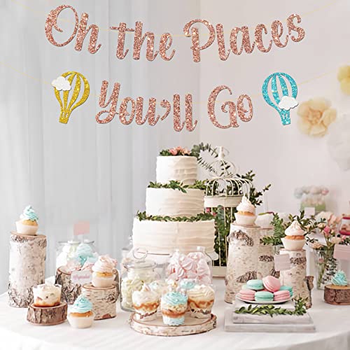 MonMon & Craft Oh The Places You'll Go Banner/Retirement Sign/Graduation Banner Decor/Travel Theme Party Decorations Rose Gold Glitter