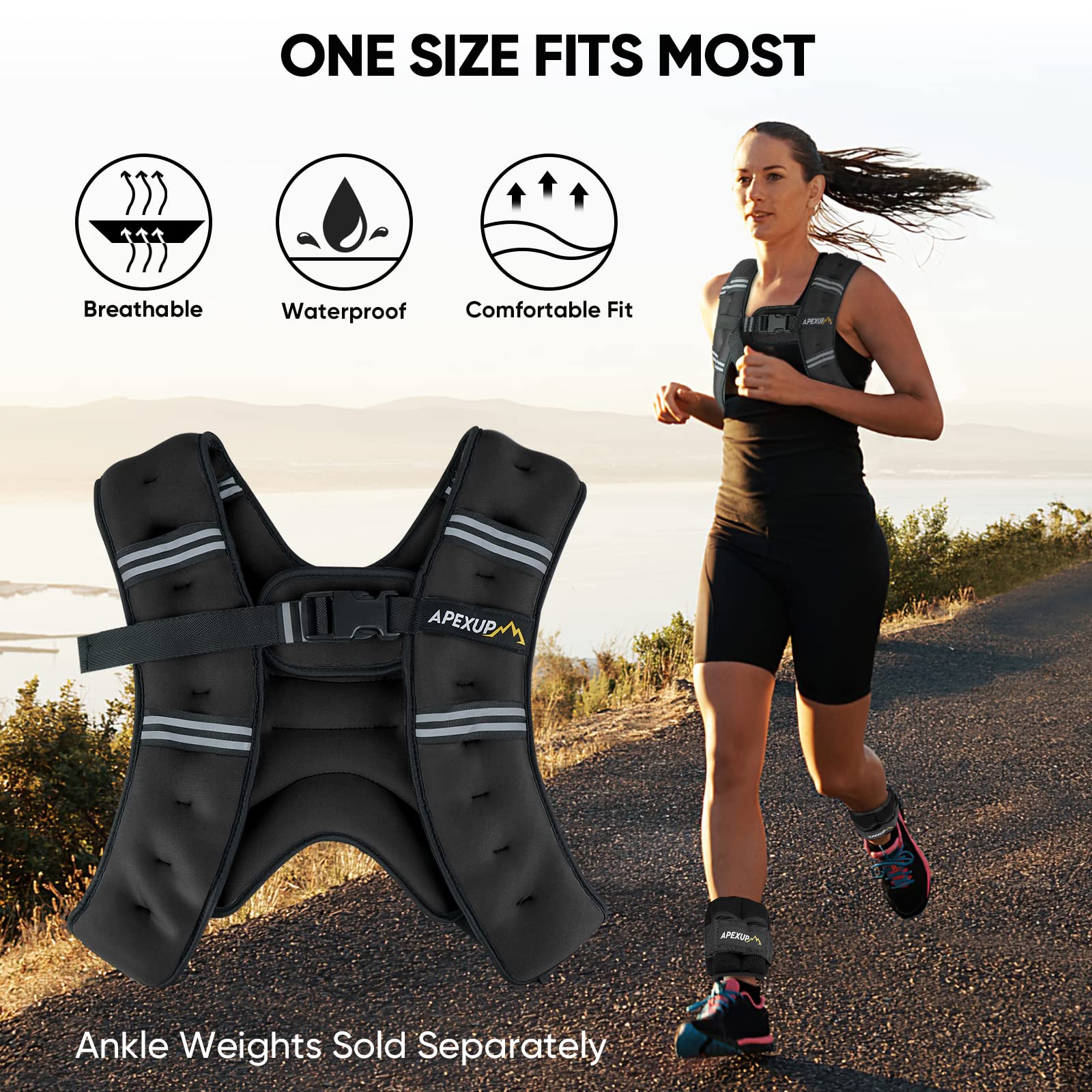 APEXUP Weighted Vest with 5lbs/10lbs/15lbs/20lbs/25lbs/30lbs Weights and Reflective Stripe, Weight Vest Men Women for Workout, Strength Training, Running (Black, 10lbs)