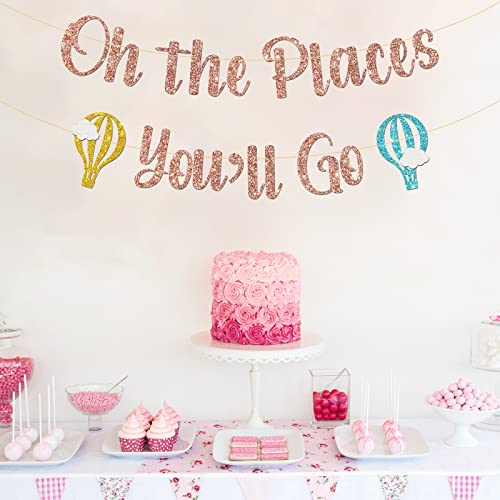 MonMon & Craft Oh The Places You'll Go Banner/Retirement Sign/Graduation Banner Decor/Travel Theme Party Decorations Rose Gold Glitter