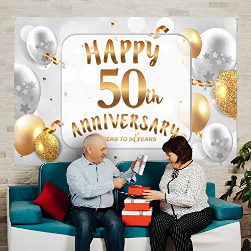PAKBOOM Happy 50th Anniversary Backdrop Banner - Cheers to 50 Years Anniversary Party Decorations Supplies for Parents - 3.9 x 5.9ft Silver