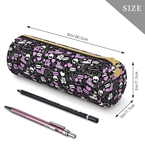 TumzfhQ Pencil Pouch Small Pen Case Pencil Bag Cylinder Leather Organizer Zipper Multi Function for Teen Girls Kids Office Women Skull Love