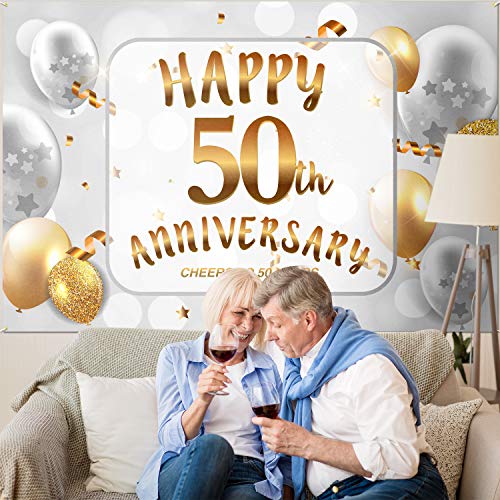 PAKBOOM Happy 50th Anniversary Backdrop Banner - Cheers to 50 Years Anniversary Party Decorations Supplies for Parents - 3.9 x 5.9ft Silver