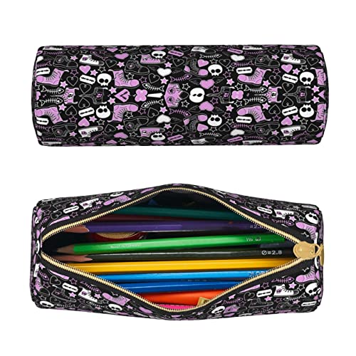 TumzfhQ Pencil Pouch Small Pen Case Pencil Bag Cylinder Leather Organizer Zipper Multi Function for Teen Girls Kids Office Women Skull Love
