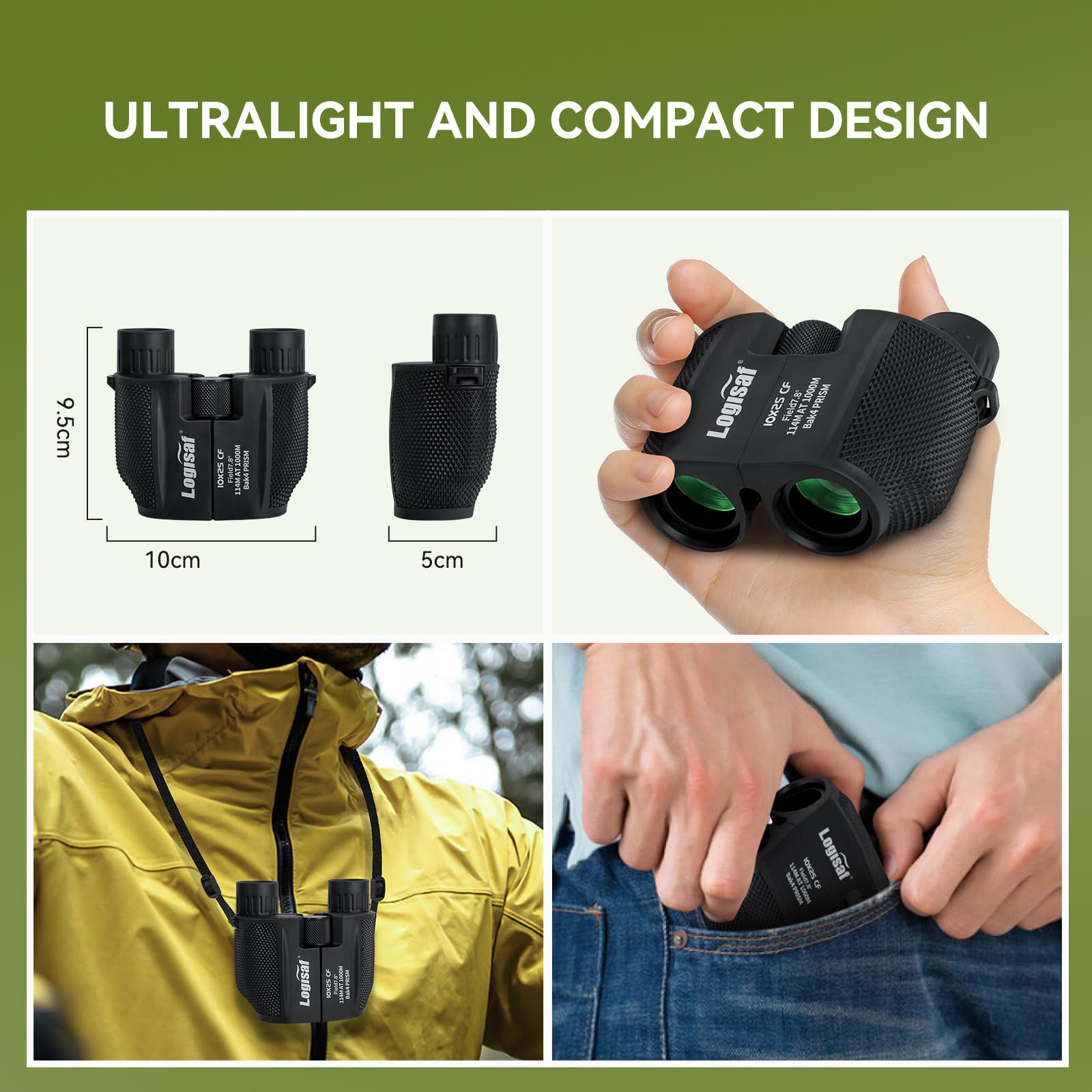 LOGISAF Binoculars for Adults and Kids, 10x25 Compact Binoculars with Low Light Vision, Small Binoculars for Bird Watching High Powered, Hunting, Easy Focus, Waterproof, Outdoor Travel & Hiking