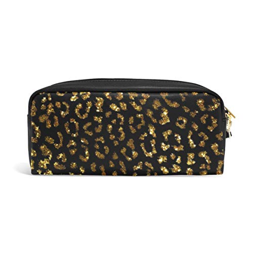 ALAZA Cute Pencil Case Leopard Print Animal Skin Gold Glitter Pen Cases Organizer PU Leather Comestic Makeup Bag Make up Pouch, Back to School Gifts