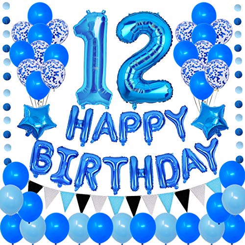 Succris 12ND Blue Theme for 12 Years Old Birthday Party Supplies Blue Happy Birthday Banner Blue Circle Dots Garland Paper Hanging Triangle Flag Banner Confetti balloons Number 12 Blue