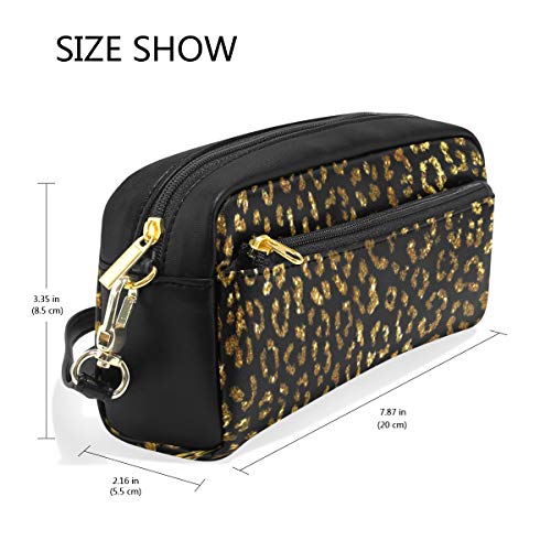 ALAZA Cute Pencil Case Leopard Print Animal Skin Gold Glitter Pen Cases Organizer PU Leather Comestic Makeup Bag Make up Pouch, Back to School Gifts