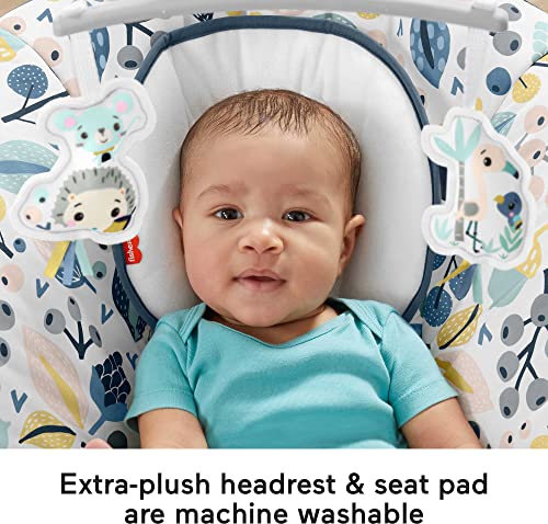 Fisher-Price See & Soothe Deluxe Bouncer โ Navy Foliage, Portable Baby seat with Vibrations, Music and Sounds