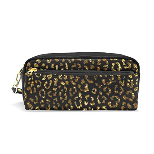 ALAZA Cute Pencil Case Leopard Print Animal Skin Gold Glitter Pen Cases Organizer PU Leather Comestic Makeup Bag Make up Pouch, Back to School Gifts