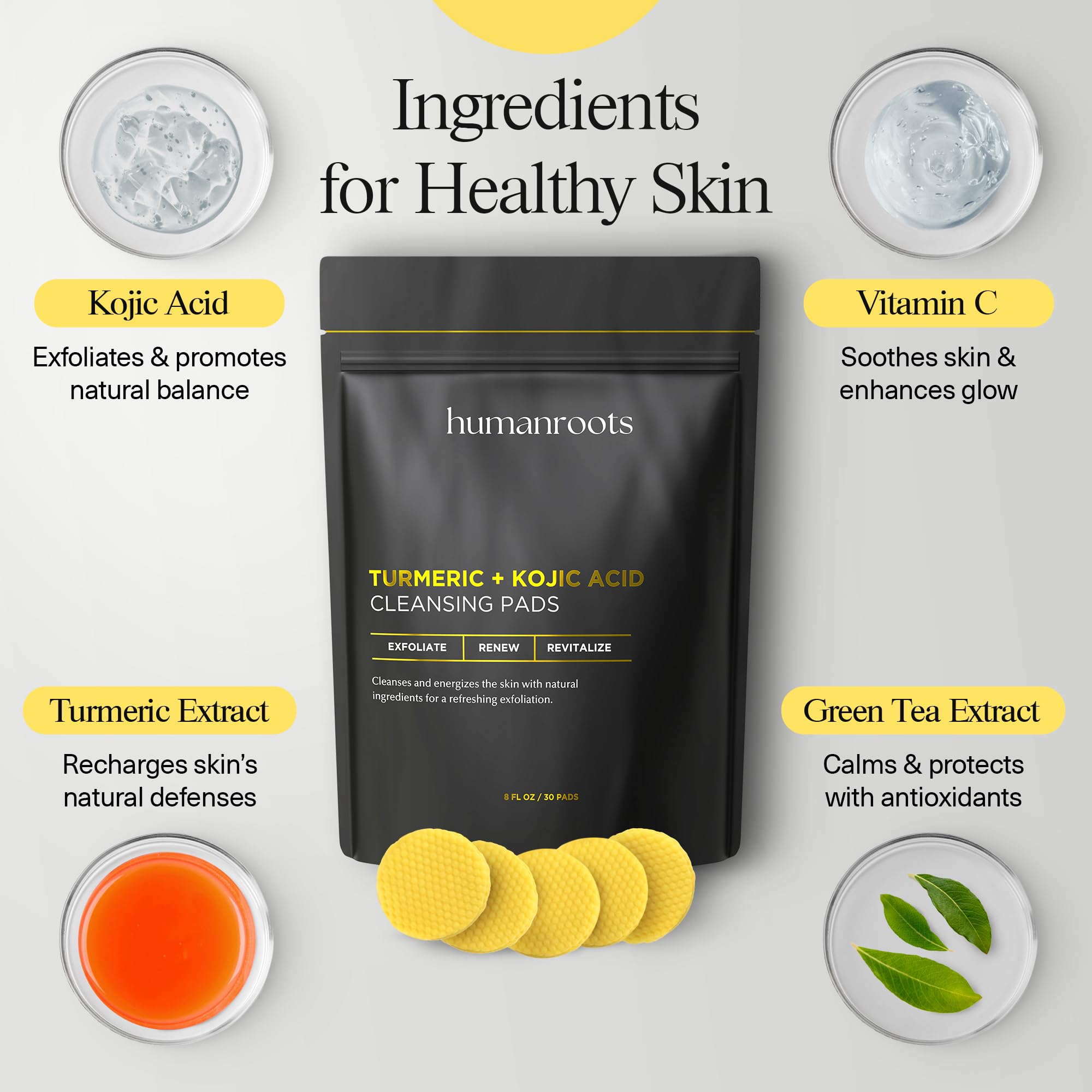 Turmeric Kojic Acid Cleansing Pads - Turmeric Face Scrub Pads with Vitamin C (30 pads), Kojic Acid and Turmeric Cleansing Pads for Exfoliation - Made With Vitamin B5