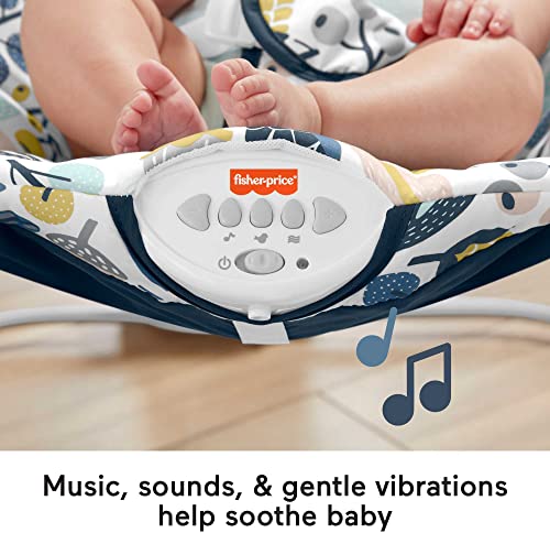 Fisher-Price See & Soothe Deluxe Bouncer โ Navy Foliage, Portable Baby seat with Vibrations, Music and Sounds