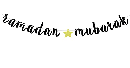 Ramadan Mubarak Banner, Ramadan Decor, Eid Mubarak, Eid Wall Hangings, Muslim Ramadan Party Decoration Supplies Black Glitter.