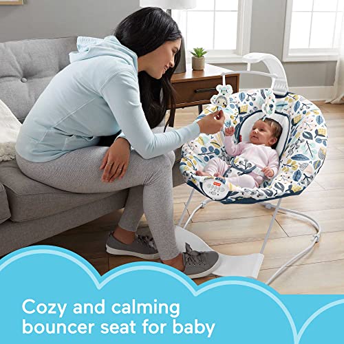 Fisher-Price See & Soothe Deluxe Bouncer โ Navy Foliage, Portable Baby seat with Vibrations, Music and Sounds