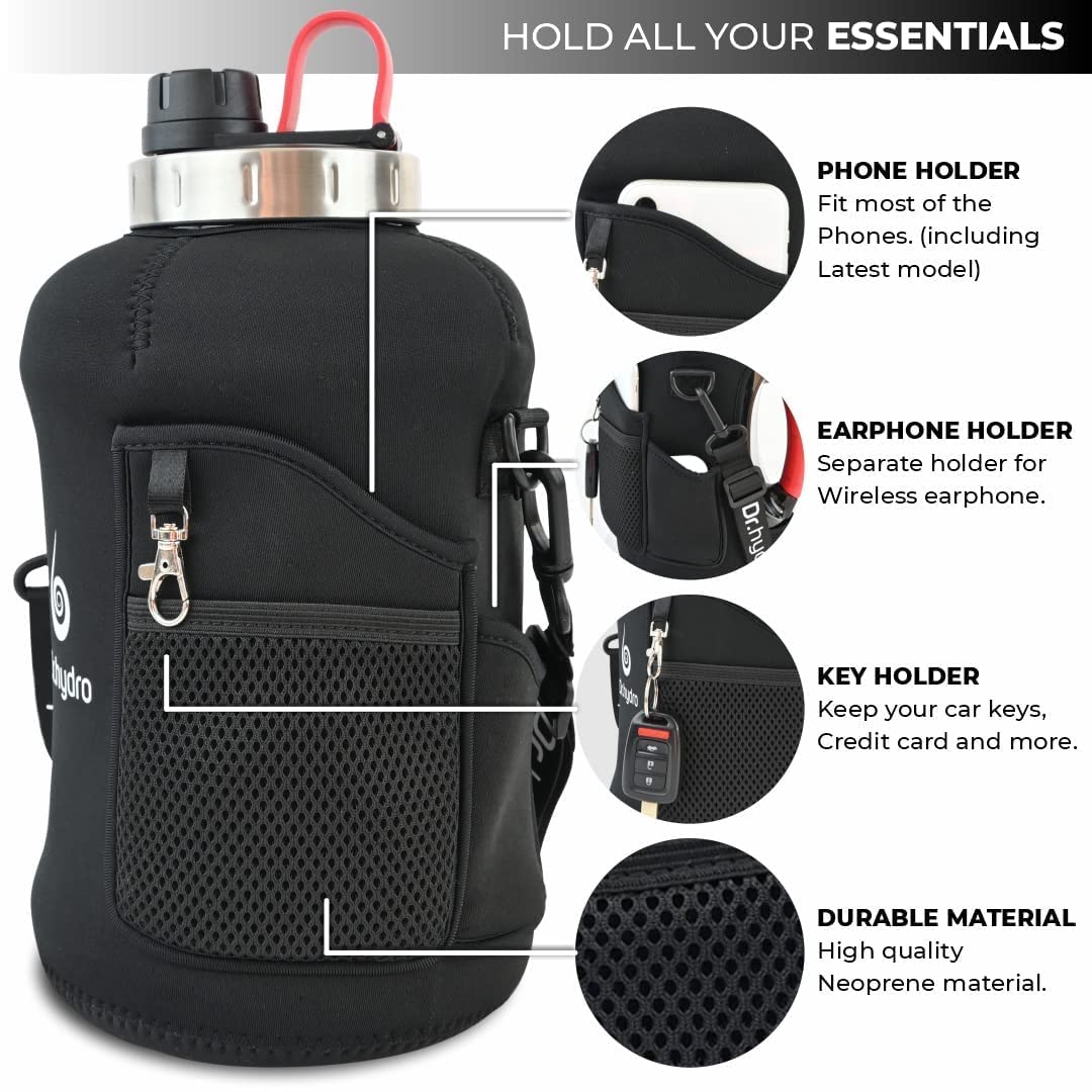 DR.HYDRO 3.2L Gallon Water Bottle with Insulated Storage Sleeve with Straw and Silicon Handle- BPA Free Large 100 oz water jug with Straw, reusable gallon jug perfect for Gym (Red Black)