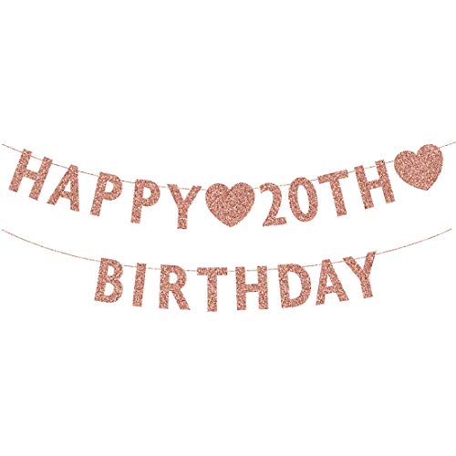 Rose Gold 20th Birthday Banner, Glitter Happy 20 Years Old Boy or Girl Party Decorations, Supplies