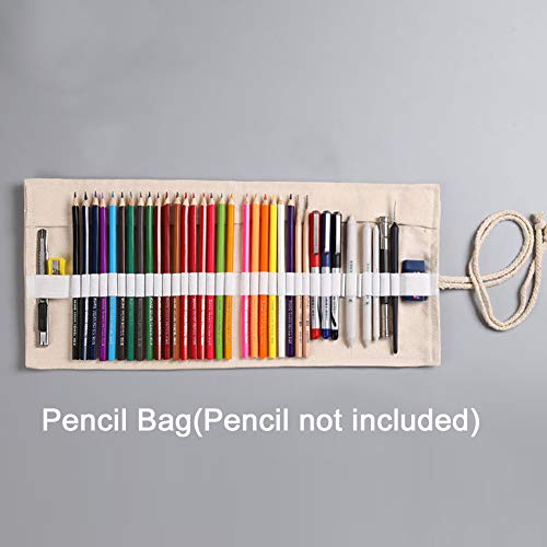 Canvas Pencil Roll Wrap 12/24/36/48 Holes, Multiuse Cartoon Cat Roll Up Pencil Case Large Capacity Pen Curtain for Coloring Pencil Holder Organizer