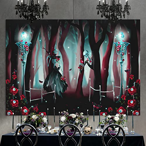 3 x 5 ft Fabric Rose Skeleton Party Backdrop for Halloween Party Decoration Hanging Party Background for Theme Birthday Wedding Engagement Anniversary Party Supplies (7x5 Rose Skeleton Backdrop)
