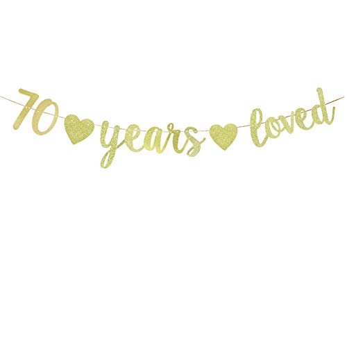 Kunggo 70 Years Loved Banner,Gold Gliter Paper Sign Decors for 70th Birthday/Wedding Anniversary Party Supplies Photo Props. (70 Years Loved)