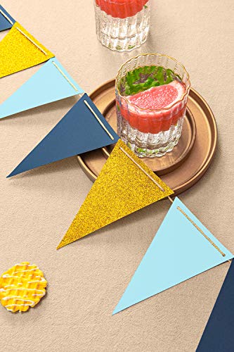 10 Feet Paper Pennant Party Decorations, Triangle Flags Bunting, Paper Triangle Garland for Wedding Decor, Nursery Wall Decor, Baby Shower, Bridal Shower (Gold Glitter, Aqua Blue, Navy Blue) 18PCS