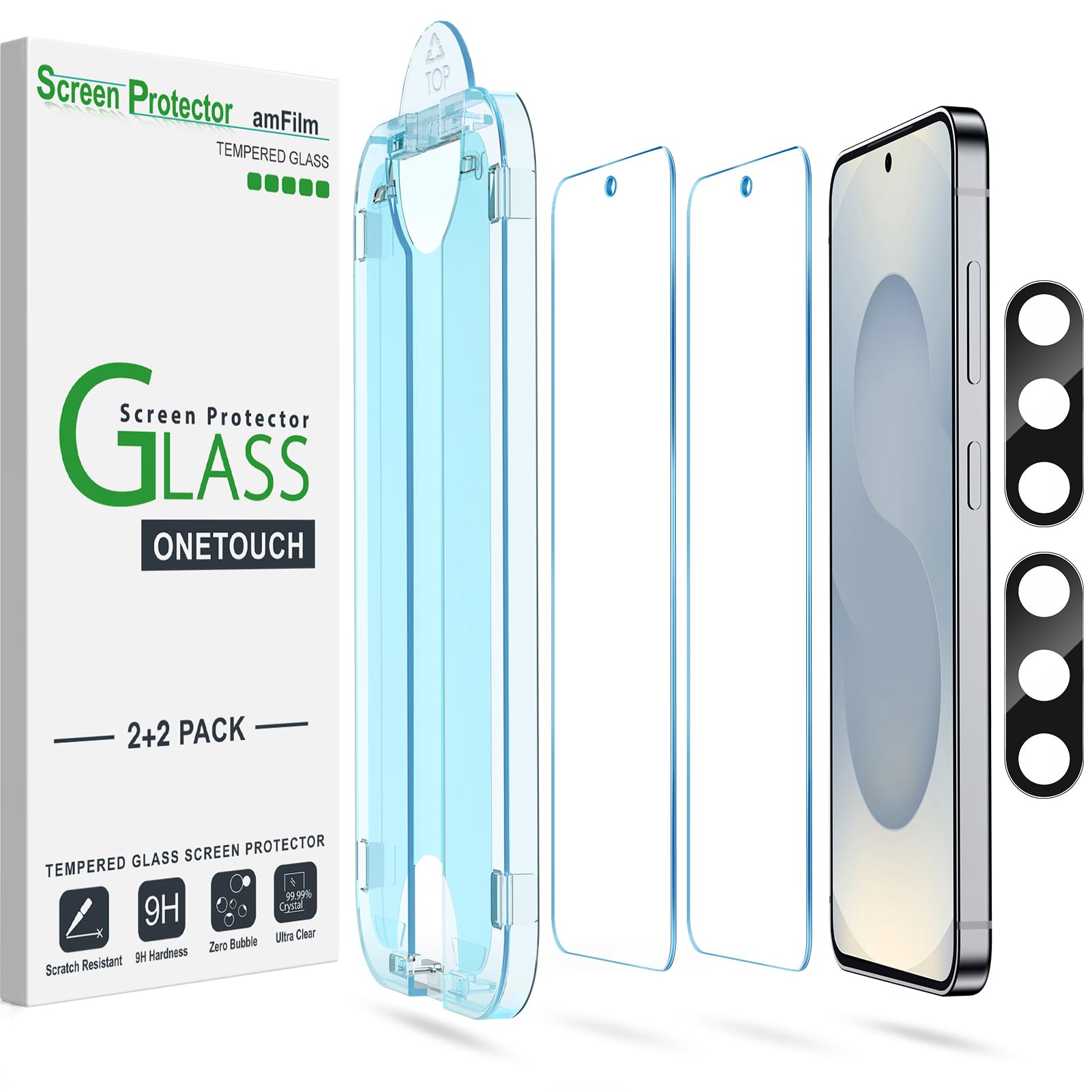 amFilm Auto-alignment OneTouch for Samsung Galaxy S25+ Plus 6.7'' Screen Protector + Camera Lens Protector, Tempered Glass, 30 seconds Installation, Bubble Free, Case Friendly, Anti-Scratch [2+2 Pack]