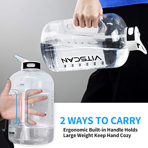 128OZ/1 Gallon Motivational Water Bottle with Time Marker, Large Jug for Sports, Two Handles BPA Free (white)