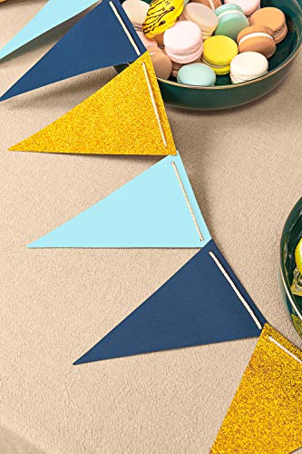 10 Feet Paper Pennant Party Decorations, Triangle Flags Bunting, Paper Triangle Garland for Wedding Decor, Nursery Wall Decor, Baby Shower, Bridal Shower (Gold Glitter, Aqua Blue, Navy Blue) 18PCS