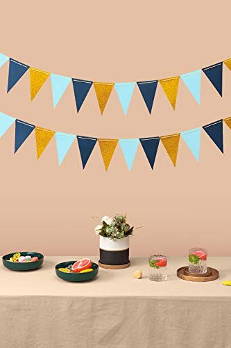 10 Feet Paper Pennant Party Decorations, Triangle Flags Bunting, Paper Triangle Garland for Wedding Decor, Nursery Wall Decor, Baby Shower, Bridal Shower (Gold Glitter, Aqua Blue, Navy Blue) 18PCS