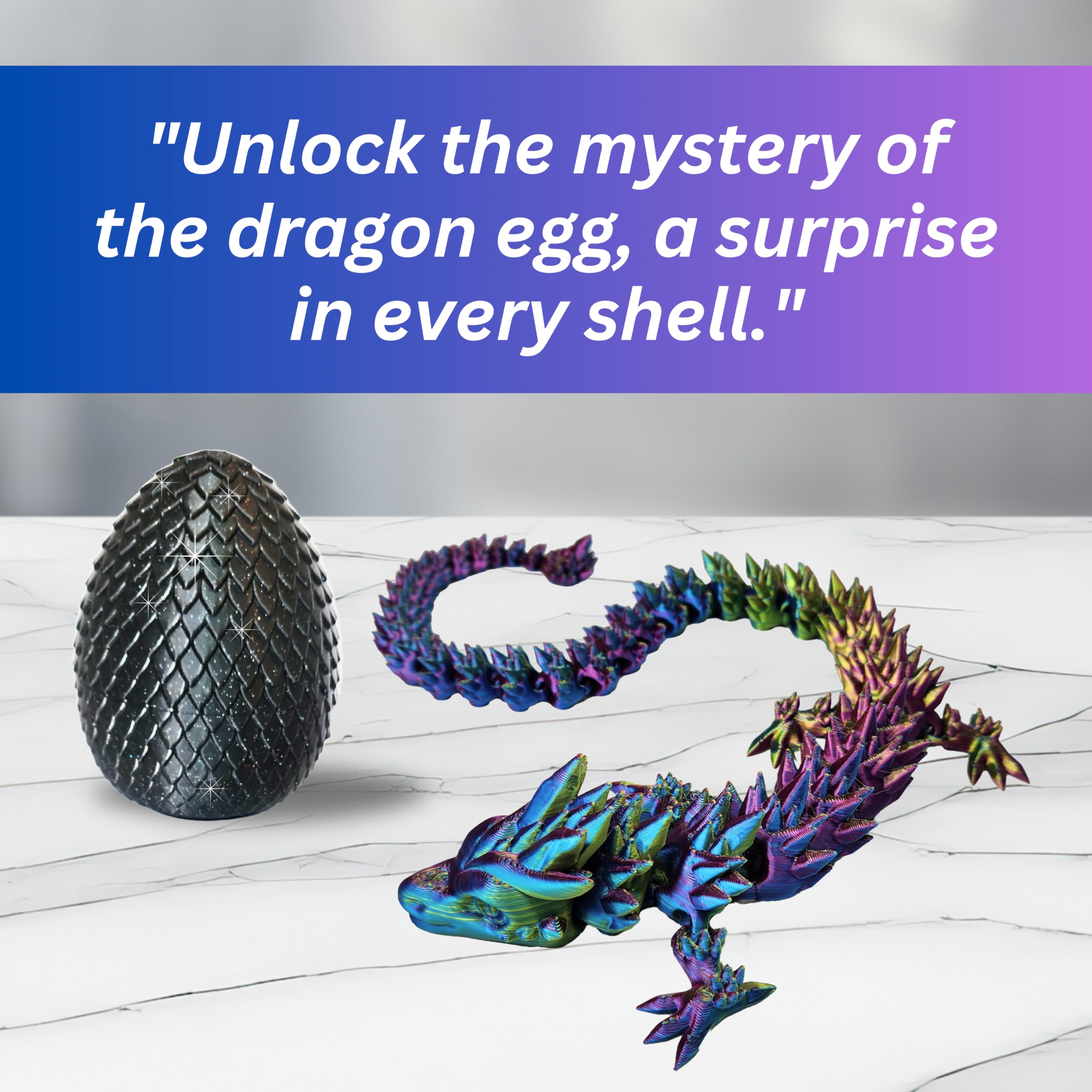 Amerimaker 20" Articulated Dragon With Egg - Big Color Changing - 3D Printed Dragon With Egg - Fidget Dragon Egg & 3D Dragon - Toy Dragon Egg With Figures - Made in the USA - (Rainbow With Black Egg)