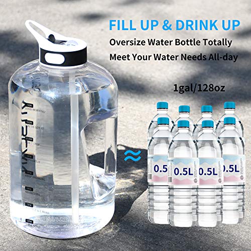 128OZ/1 Gallon Motivational Water Bottle with Time Marker, Large Jug for Sports, Two Handles BPA Free (white)