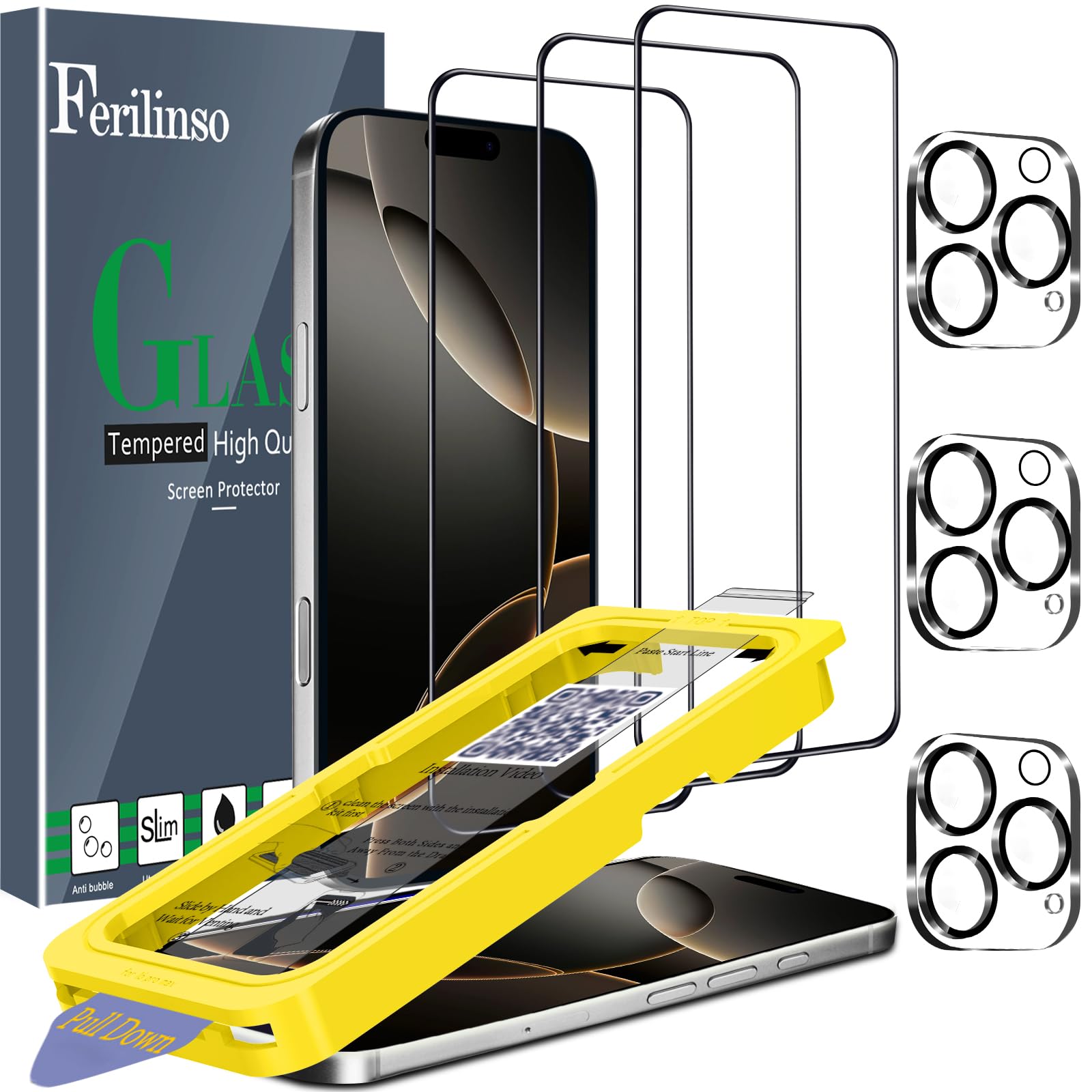 Ferilinso [Auto Dust Install] 3 Pack Screen Protector for iPhone 16 Pro Max [Phone Case fit], 3 Tempered Glass Camera Lens Protector Accessories for Apple