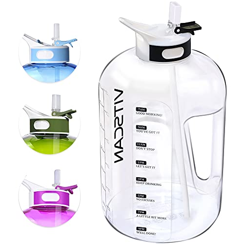 128OZ/1 Gallon Motivational Water Bottle with Time Marker, Large Jug for Sports, Two Handles BPA Free (white)