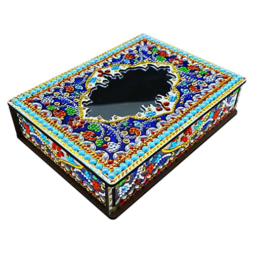 Diamond Art Wooden Box with Mirror Kit 5D DIY Mandala Diamond Painting Decorative Boxes Small Retro Remote Storage Box Jewelry Trinket Stash Gem Mosaic Arts Crafts for Women Dresser Desktop Decor