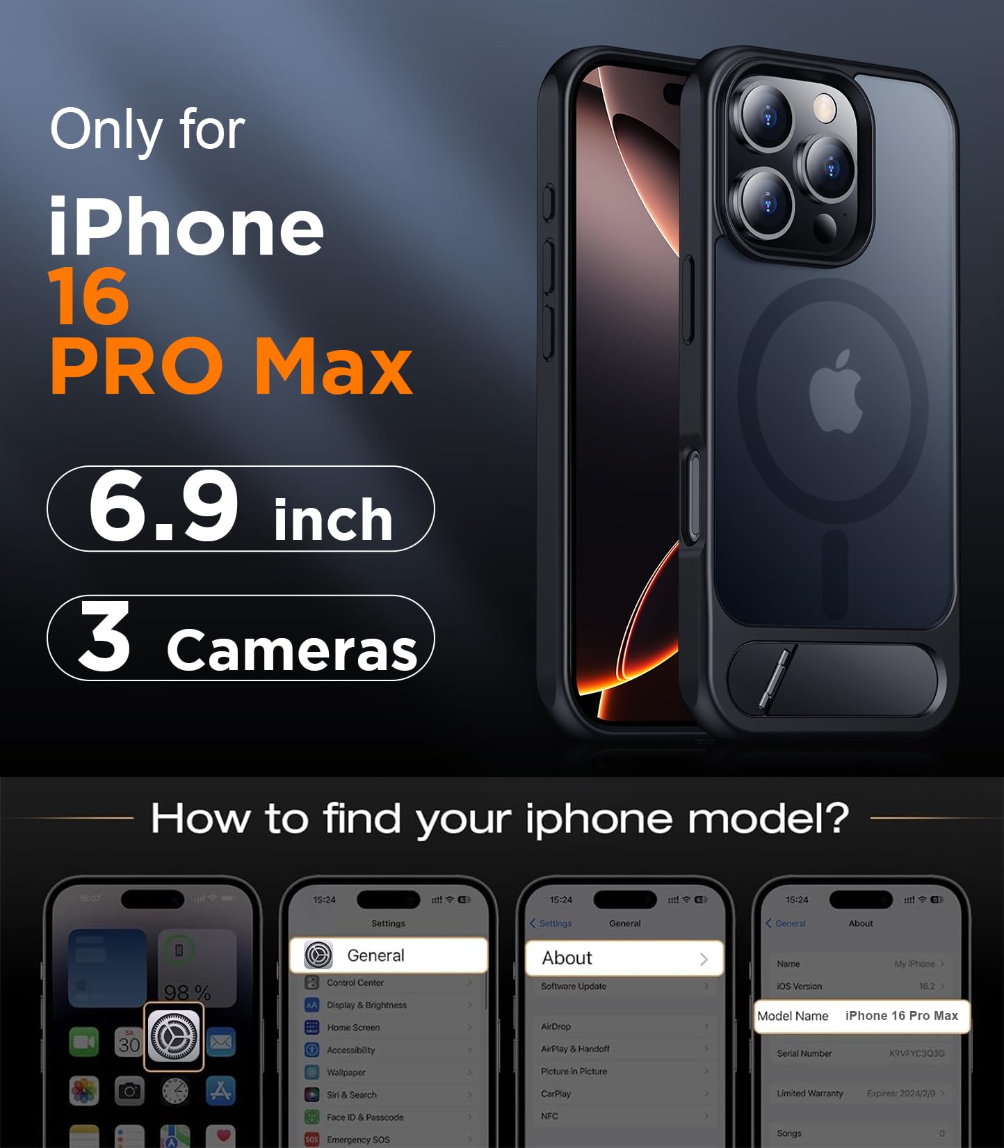 Temdan Magnetic Compatible with iPhone 16 Pro Max Case, [Built-in Invisible Kickstand][Compatible with MagSafe] [Military Grade Shockproof] Slim Translucent Matte Phone Case for iPhone 16 Pro Max 6.9"