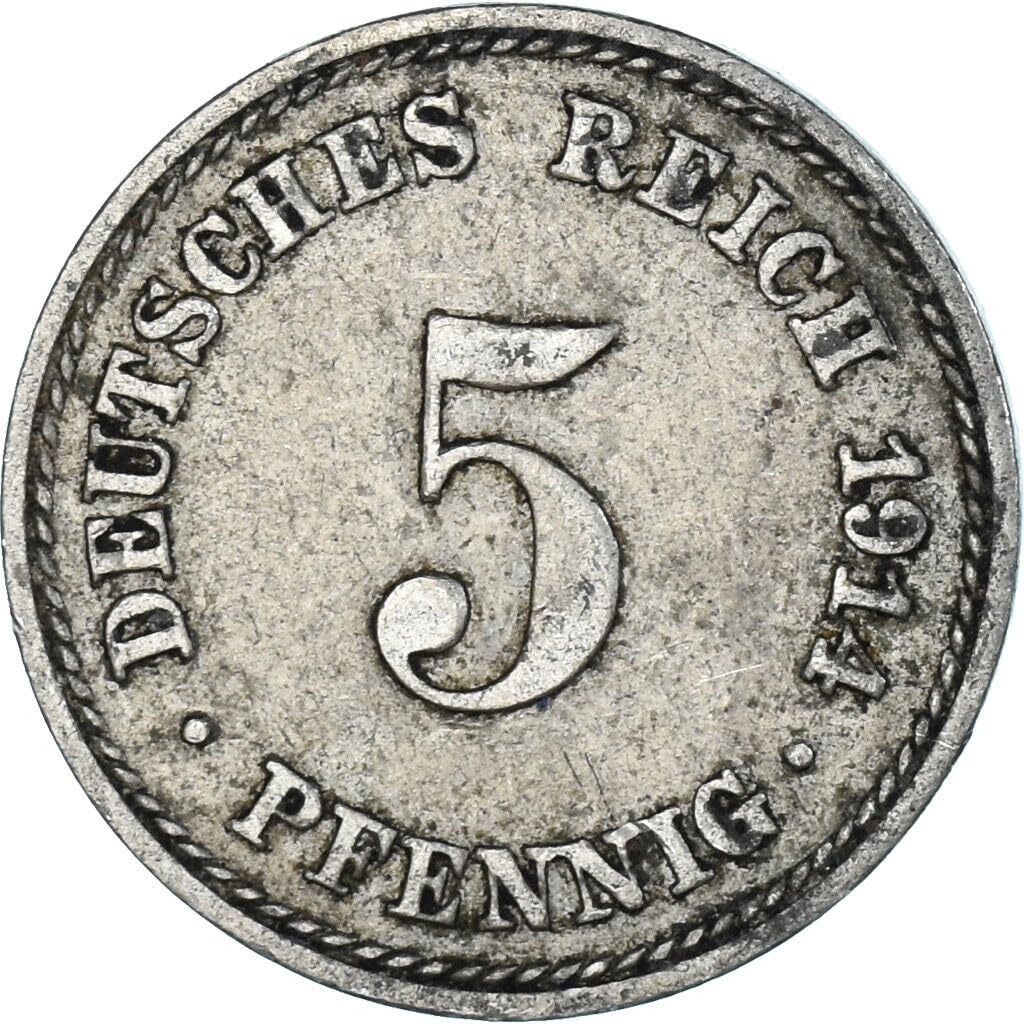 1904 -1914 Kaiser Era German 5 Pfennig Coin. Issued Under Kaiser Wilhelm II From Prussia, An Empire That Started World War 1 WW1. 5 Pfennig, Monetized And Guaranteed By The German Government. Graded By Seller. Circulated Condition