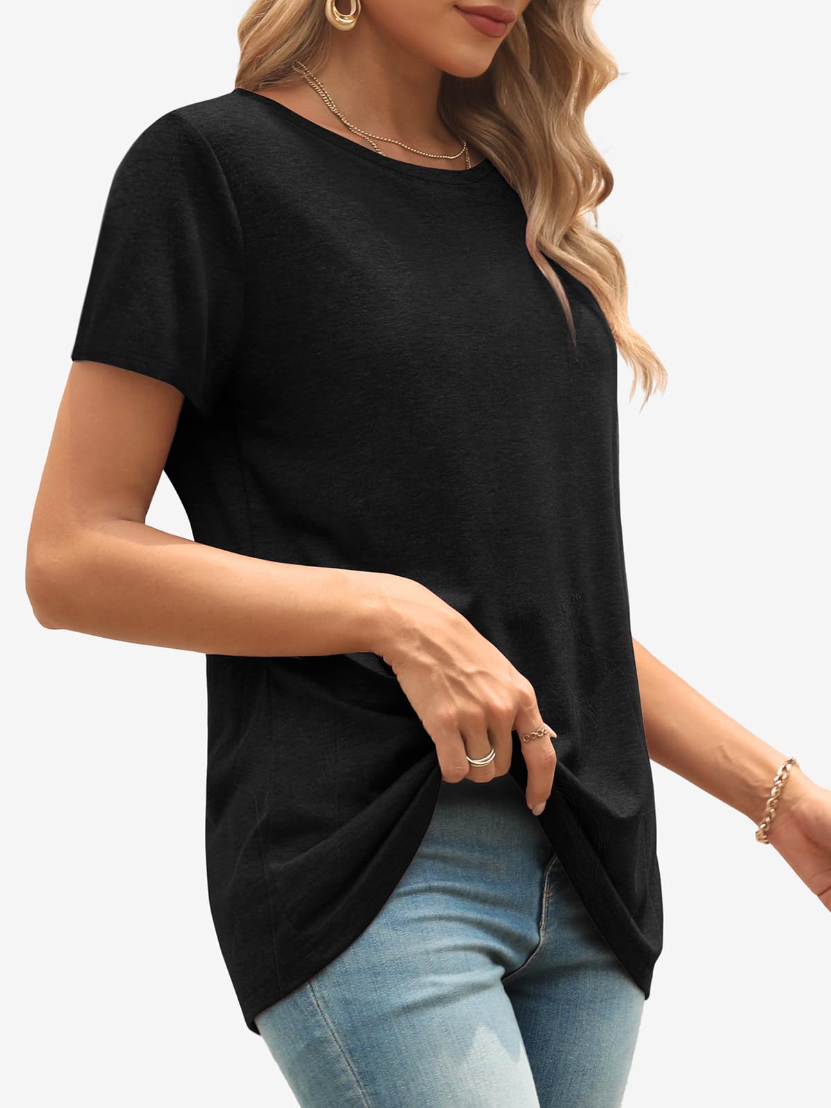 ATHMILE Tshirts Shirts for Womens Short Sleeve Round Neck Shirts Summer Top Fashion Basic Tee Business Casual Black