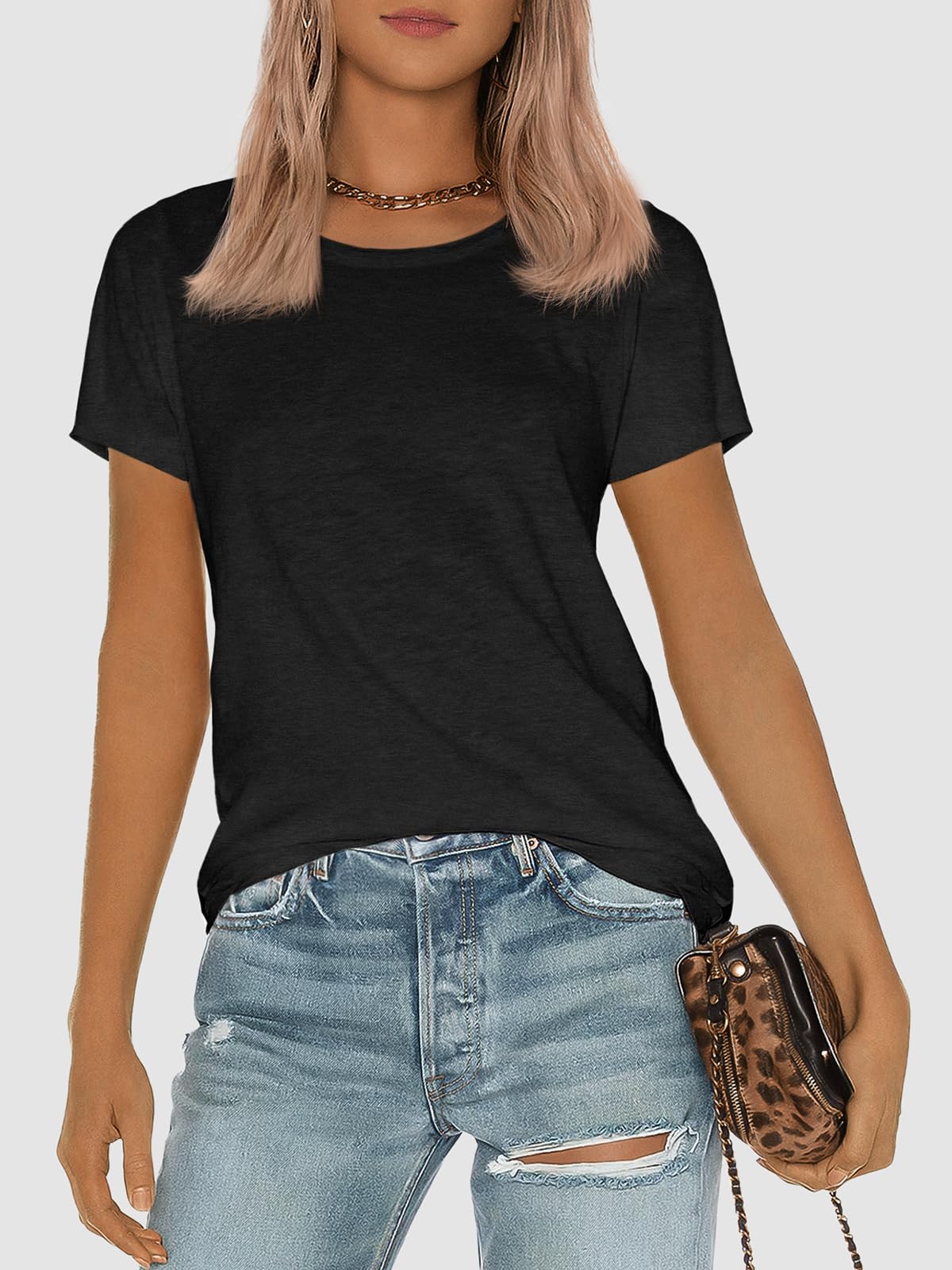 ATHMILE Tshirts Shirts for Womens Short Sleeve Round Neck Shirts Summer Top Fashion Basic Tee Business Casual Black