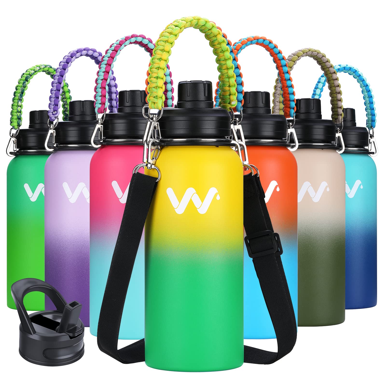 WEREWOLVES 32 oz Insulated Water Bottle With Paracord Handles & Strap & Straw Lid & Spout Lid,Reusable Wide Mouth Vacuum Stainless Steel Water Bottle for Adults (New-Yellow Green, 32 oz)