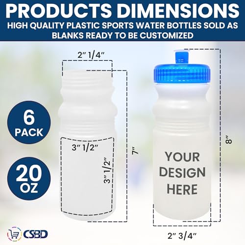 CSBD 20 oz Sports Water Bottles, 6 Pack, Reusable No BPA Plastic, Pull Top Leakproof Drink Spout, Blank DIY Customization for Business Branding, Fundraises, or Fitness Frost Bottle Trans Blue Lids