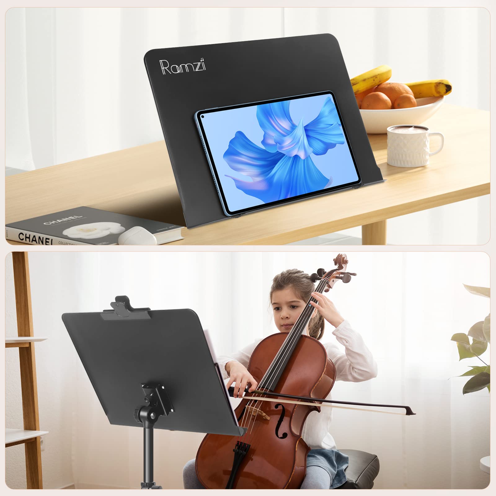 Ramzi Portable 5-in-1 Dual-Use Sheet Music Stand with Light, Clip, and Carrying Bag