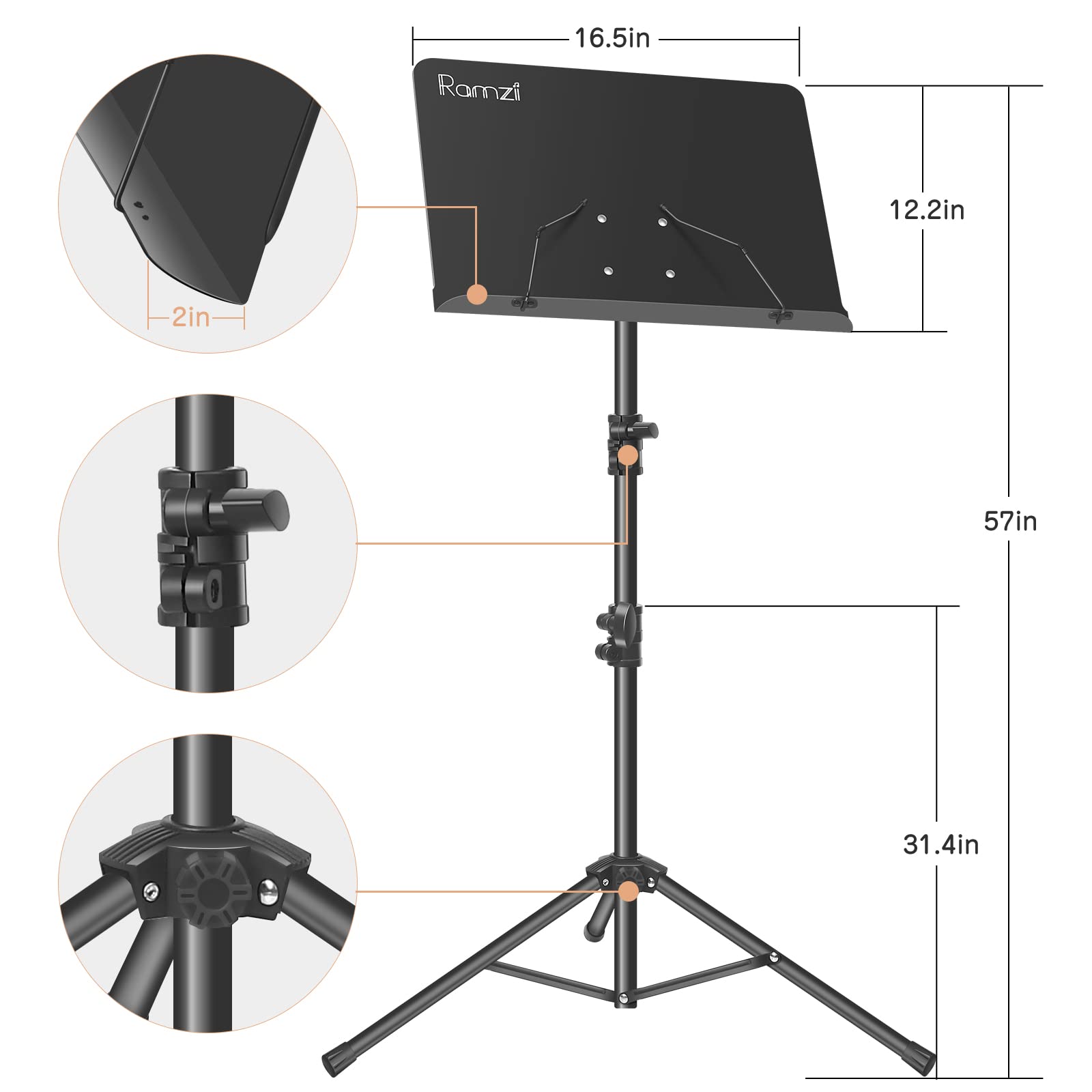 Ramzi Portable 5-in-1 Dual-Use Sheet Music Stand with Light, Clip, and Carrying Bag
