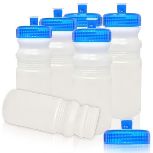 CSBD 20 oz Sports Water Bottles, 6 Pack, Reusable No BPA Plastic, Pull Top Leakproof Drink Spout, Blank DIY Customization for Business Branding, Fundraises, or Fitness Frost Bottle Trans Blue Lids